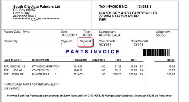 Parts Invoice